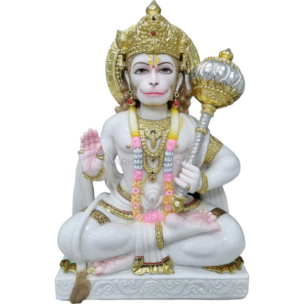 White Marble Seated Hanuman Statue Blessing Pose 24" | KARIGAROFFICIAL